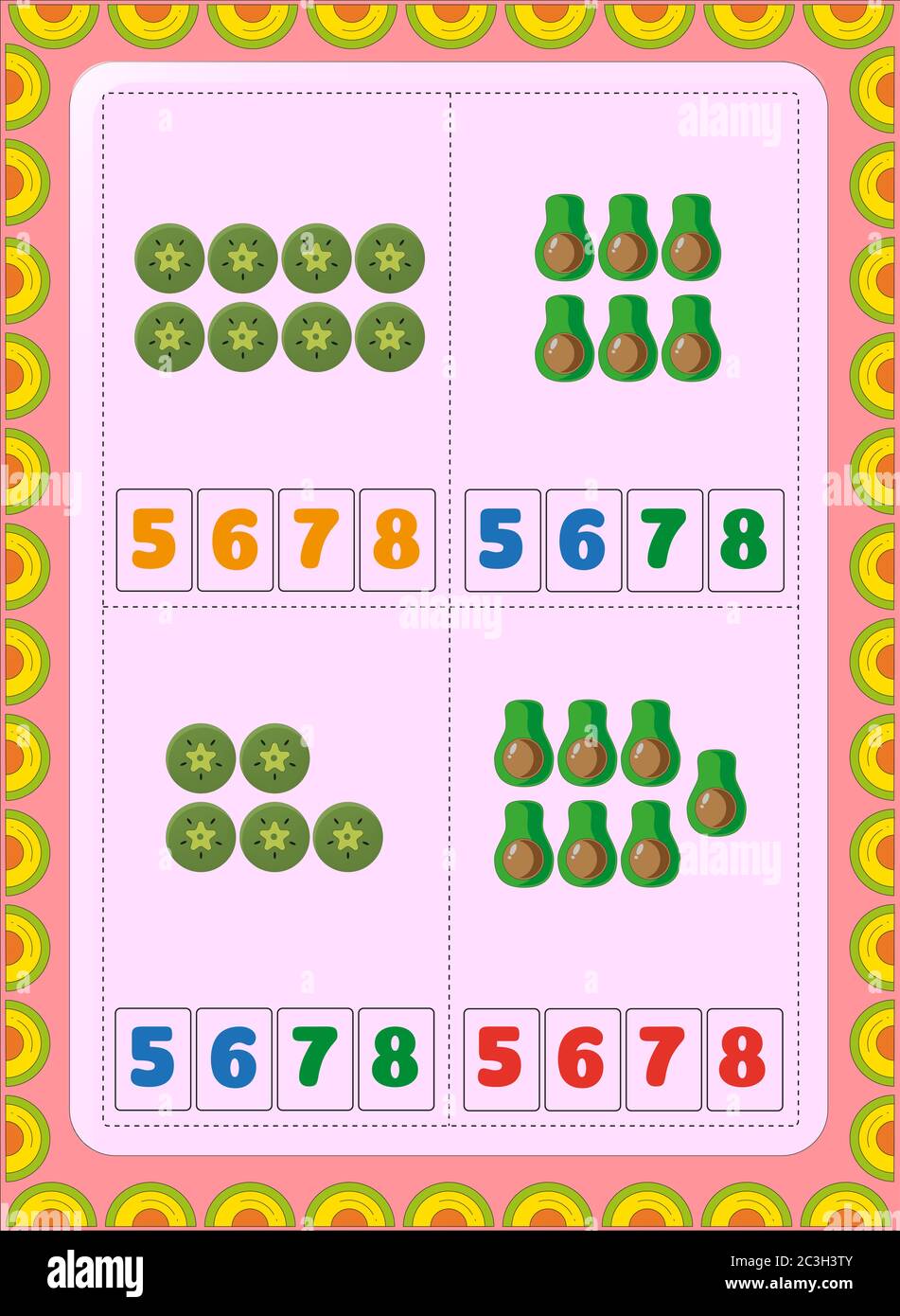 Preschool toddler math with half avocado and slice of kiwi design Stock ...