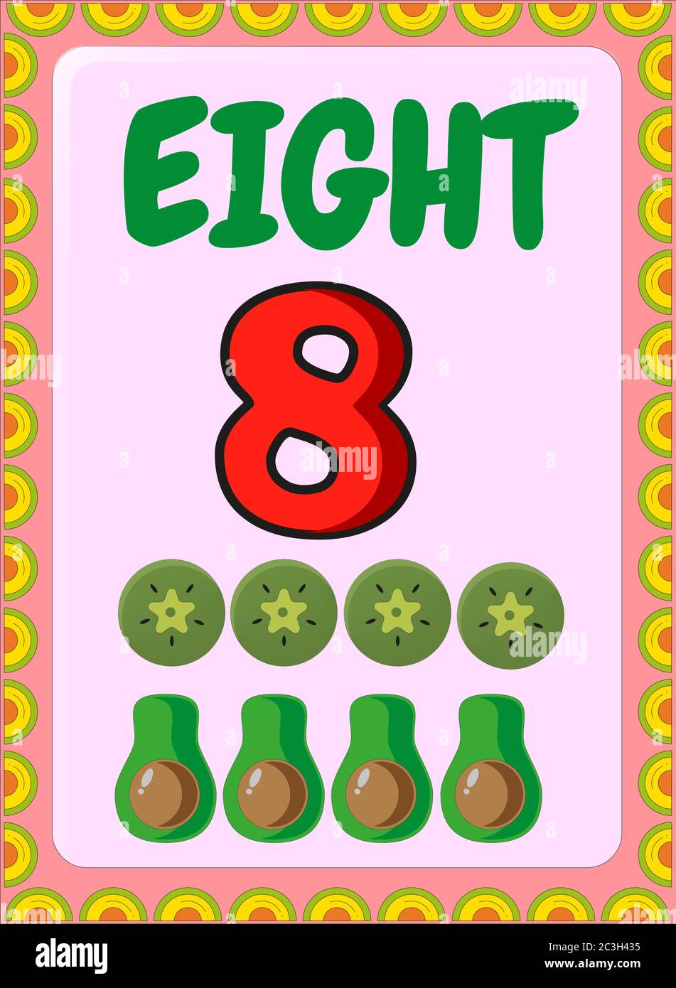 Preschool toddler math with half avocado and slice of kiwi design Stock ...