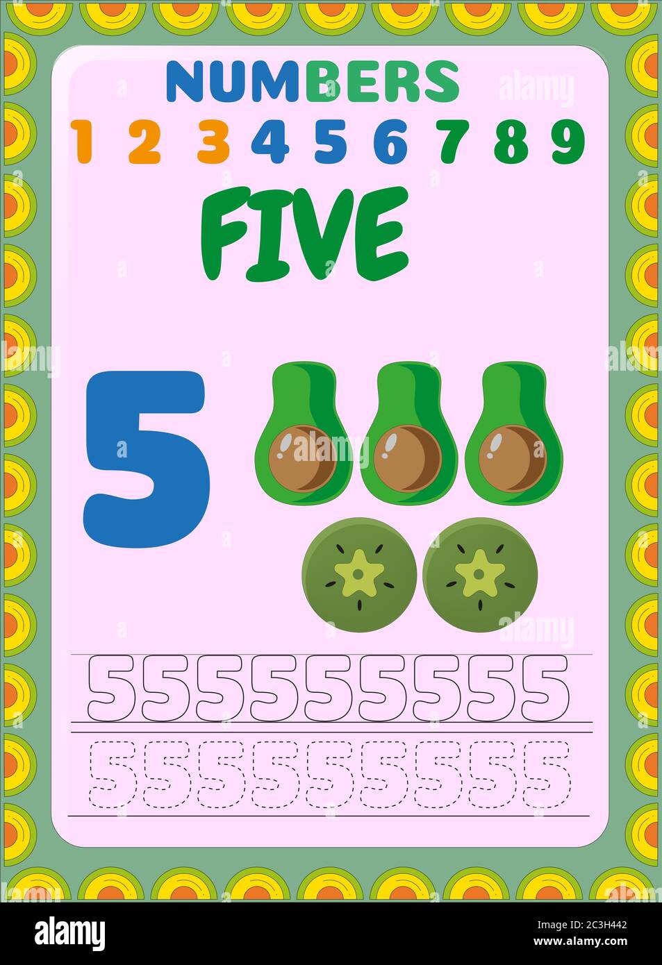 Preschool toddler math with half avocado and slice of kiwi design Stock ...