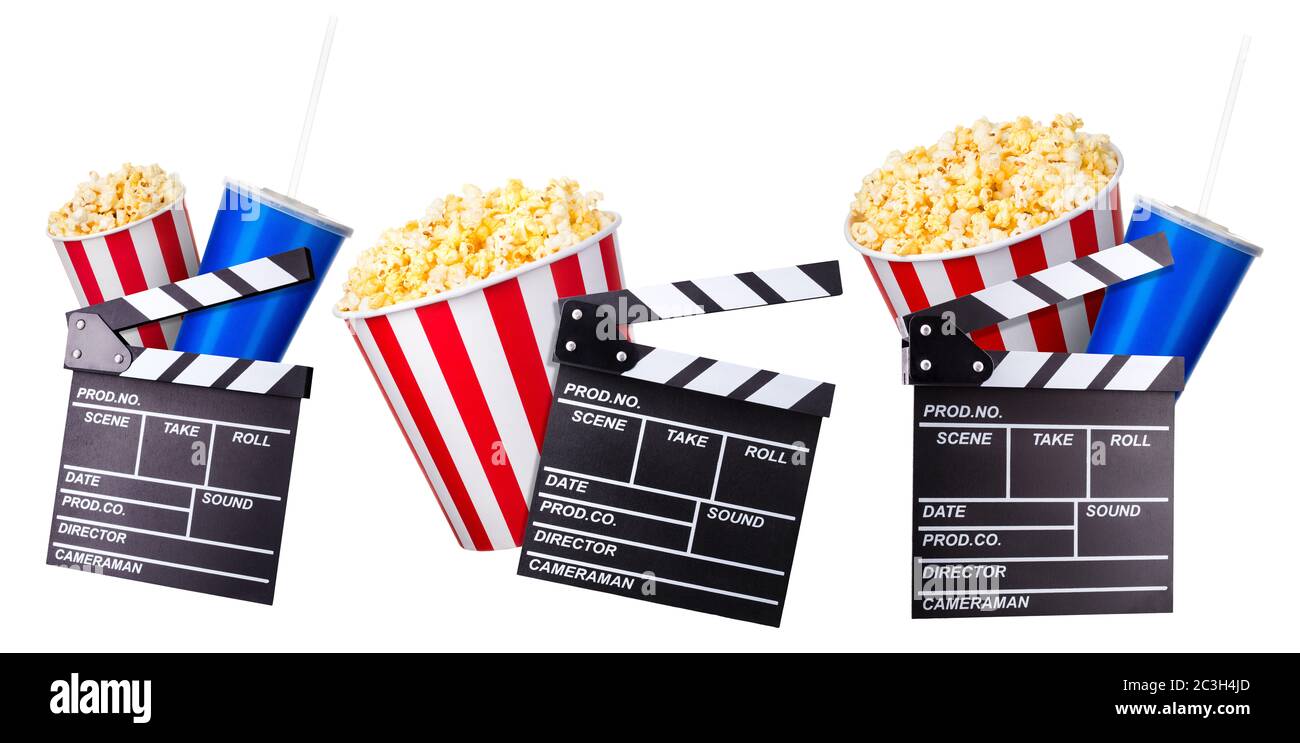 Flying popcorn and film clapper board isolated on white background ...