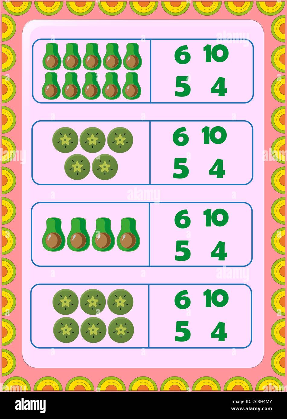 Preschool toddler math with half avocado and slice of kiwi design Stock ...