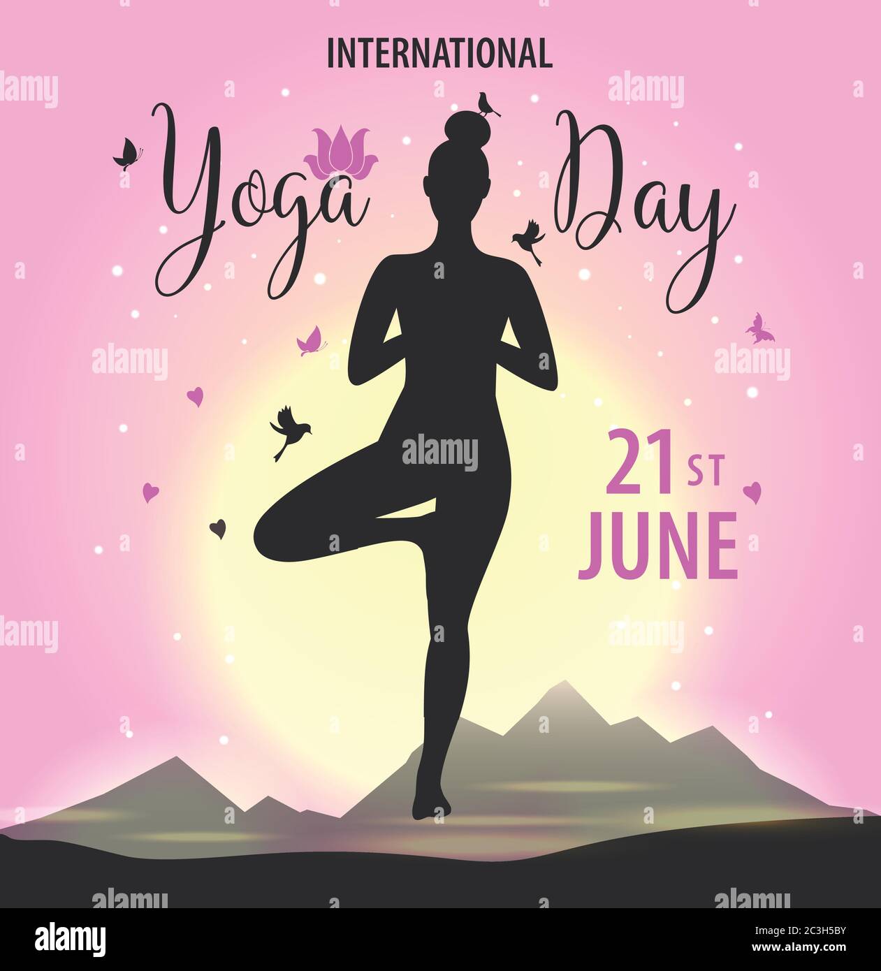 World Yoga Day vector illustration, on bright sunset background. Vector ...