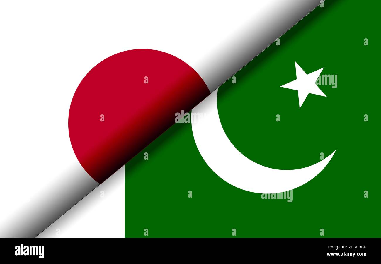 Flags of the Japan and Pakistan divided diagonally. 3D rendering Stock ...
