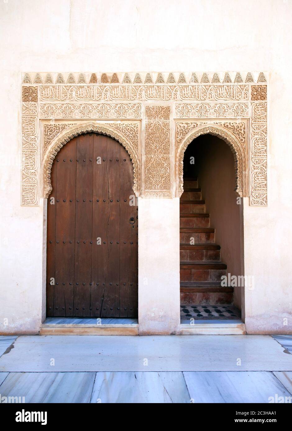 Ornate door and staircase. Nazrid Palace, Alhambra, Spain Stock Photo ...