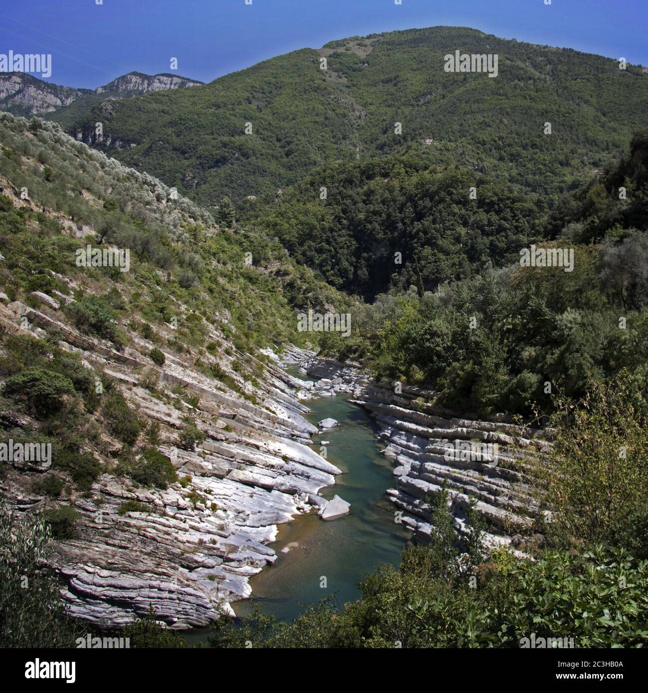 River surrounded by rocks and hills covered in greenery under a blue ...