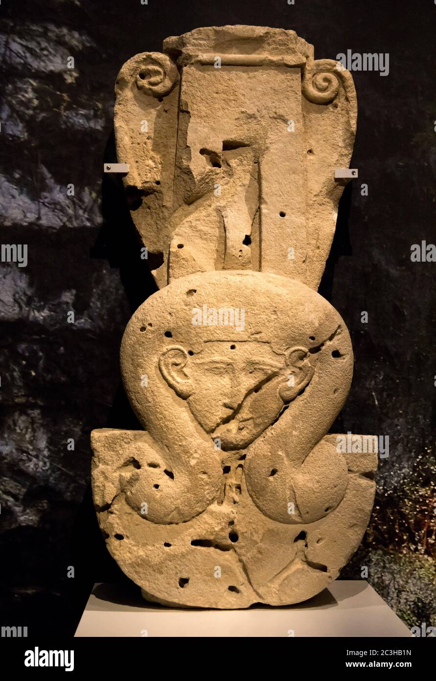 Leiden, The Netherlands - JAN 04, 2020: an old stone hathor capital ...