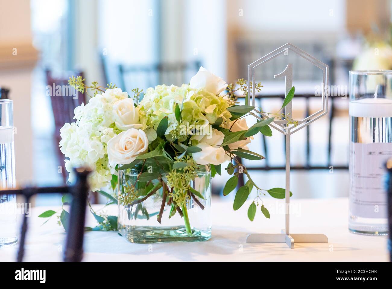 Beautiful wedding set decoration in the restaurant with number one ...