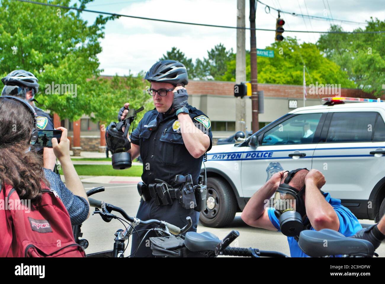 Dayton, Ohio United States 05/30/2020 police officers putting on gas ...