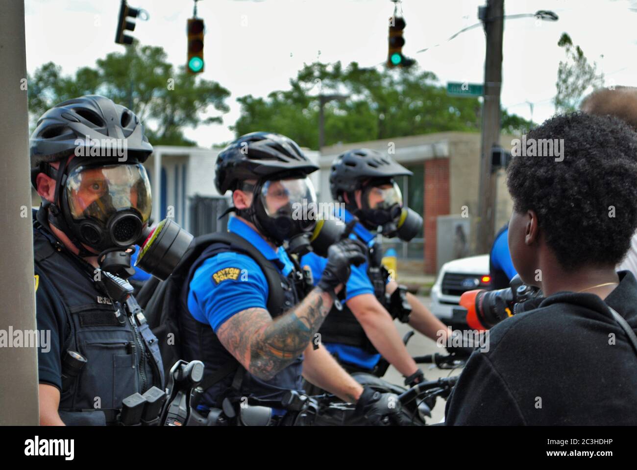 Dayton, Ohio United States 05/30/2020 police officers putting on gas ...