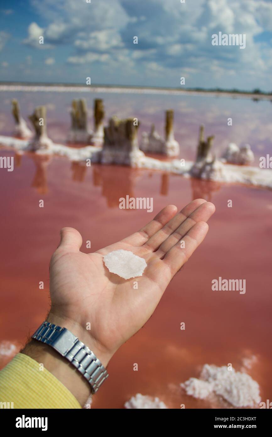 Male hand with a piece of salt on a pink water background in a salt ...