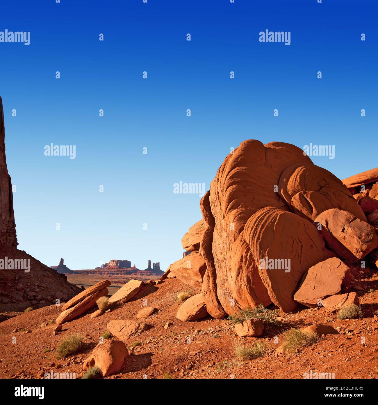 Monument Valley, Utah, USA, showing typical rock formations. The ...