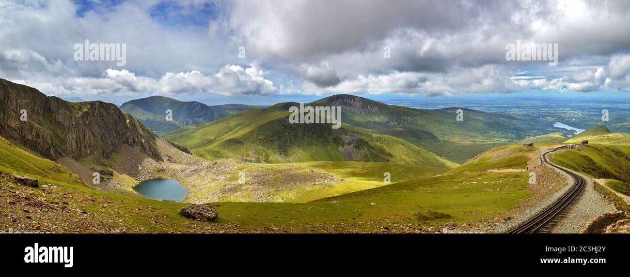 Panorama of the mountains of Snowdonia looking from Mount Snowdon, with ...