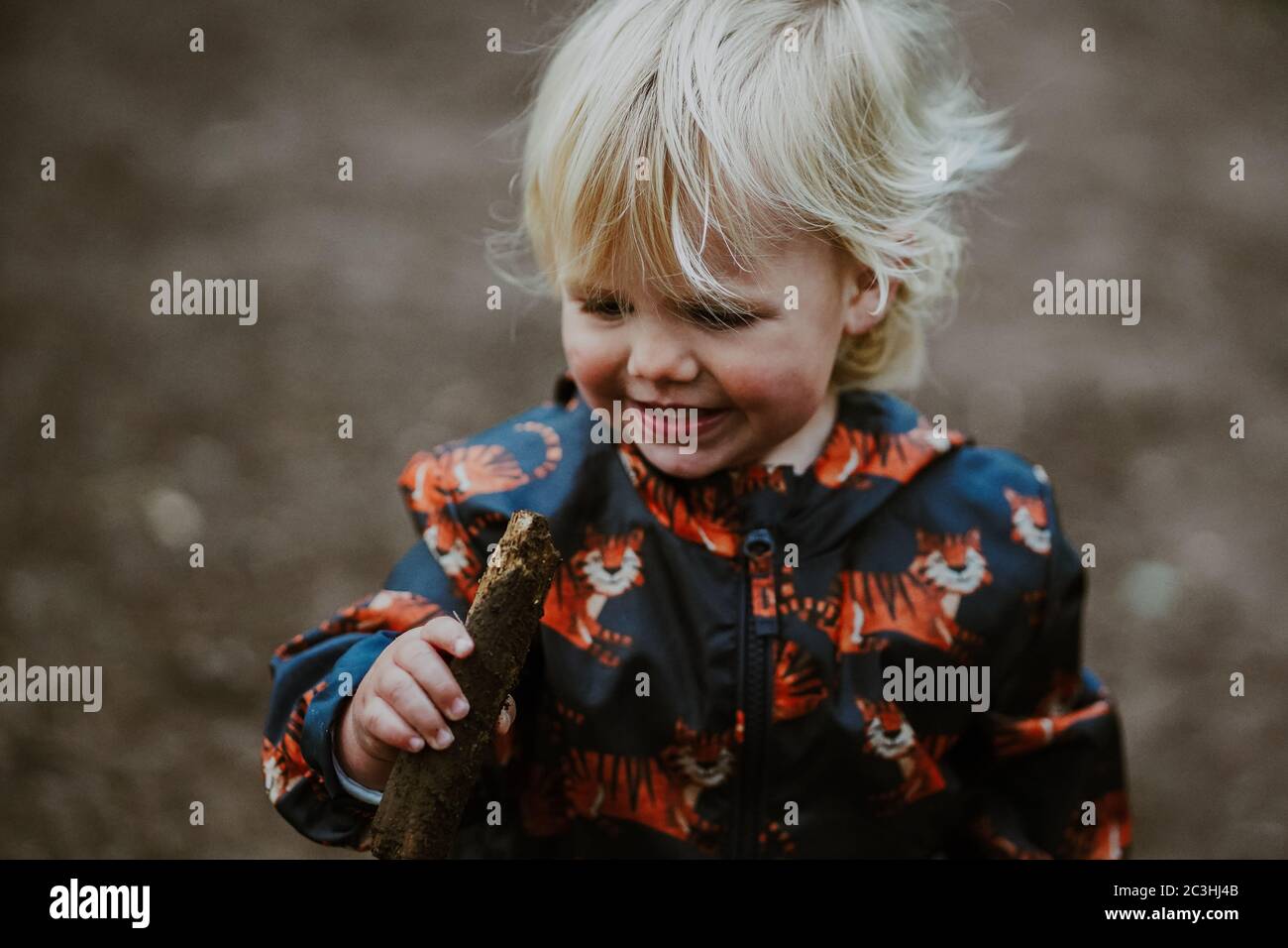 Toddler playing with stick in the woods Stock Photo - Alamy