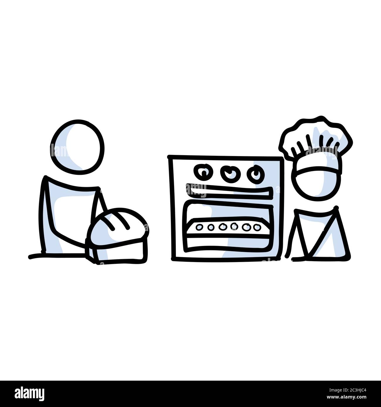 Cute stick figure two baker with cookie tray lineart icon. Dinner ...