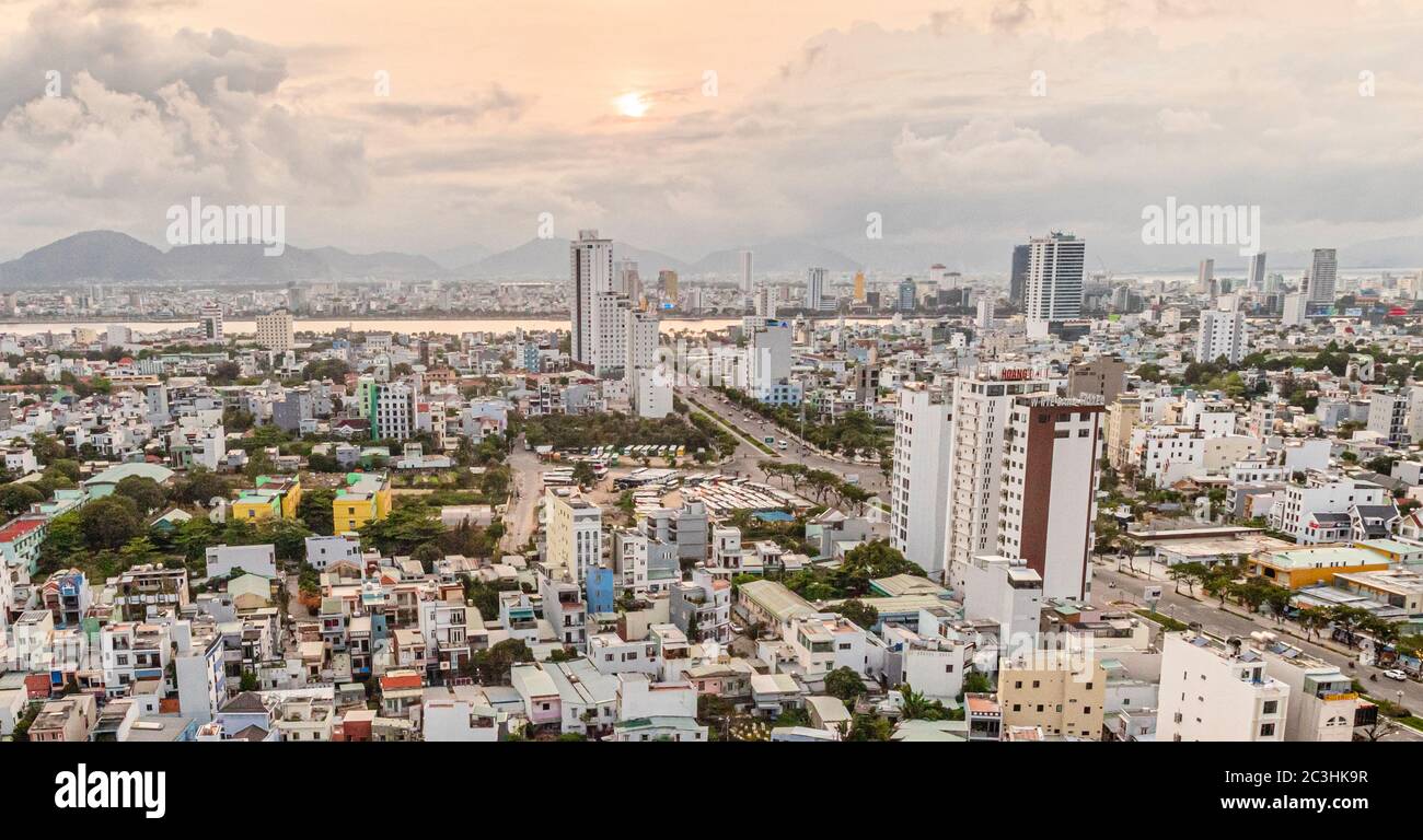 Aerial view of the beautiful coastal city of Da Nang, located on the ...