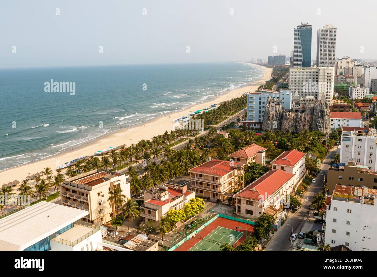 Aerial view of the beautiful coastal city of Da Nang, located on the ...