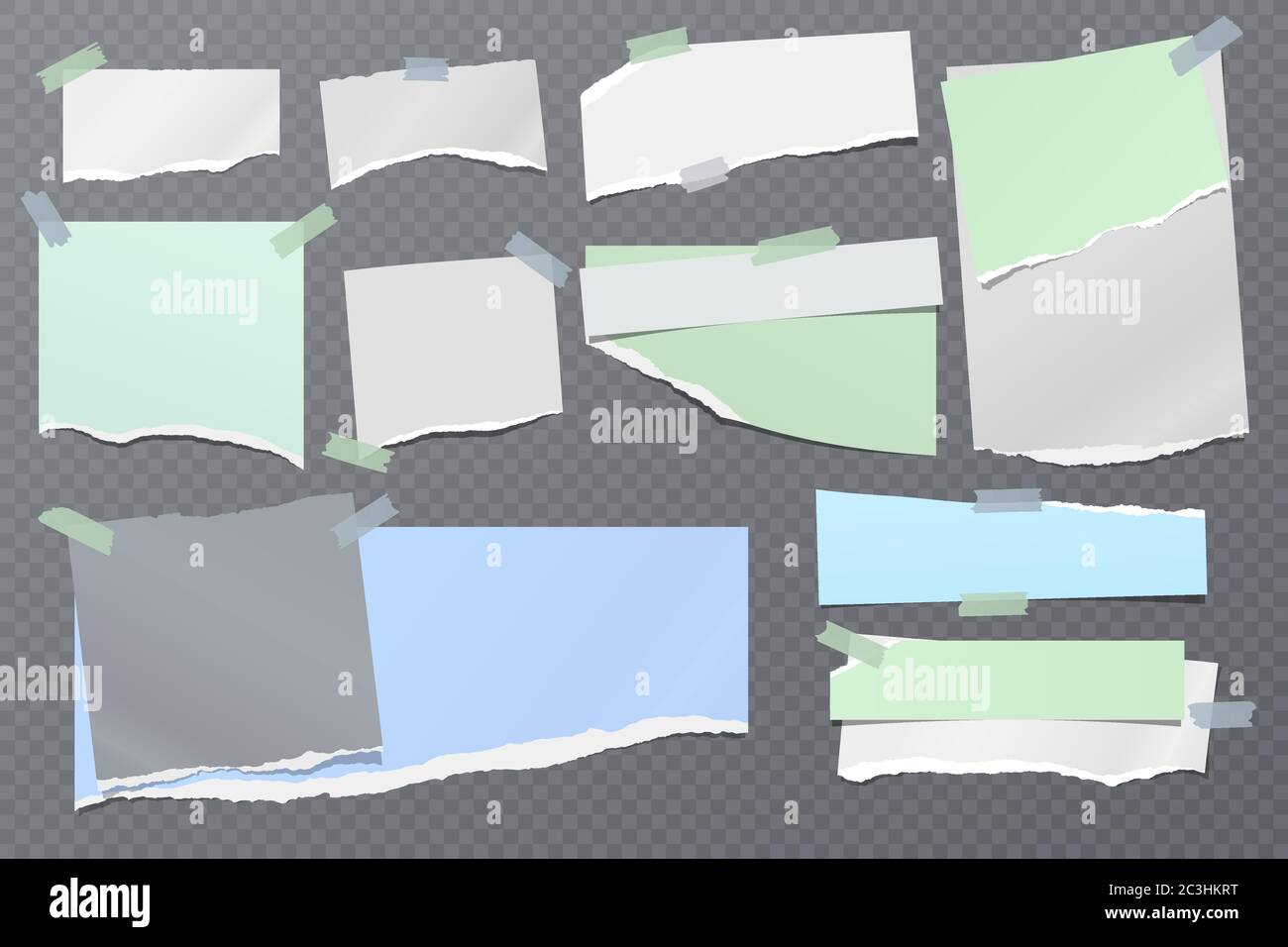 Torn white and colorful note, notebook paper strips and pieces stuck on ...