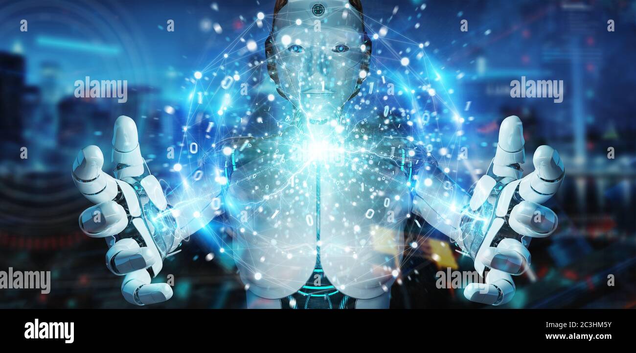 White robot on blurred background creating renewable and sustainable ...