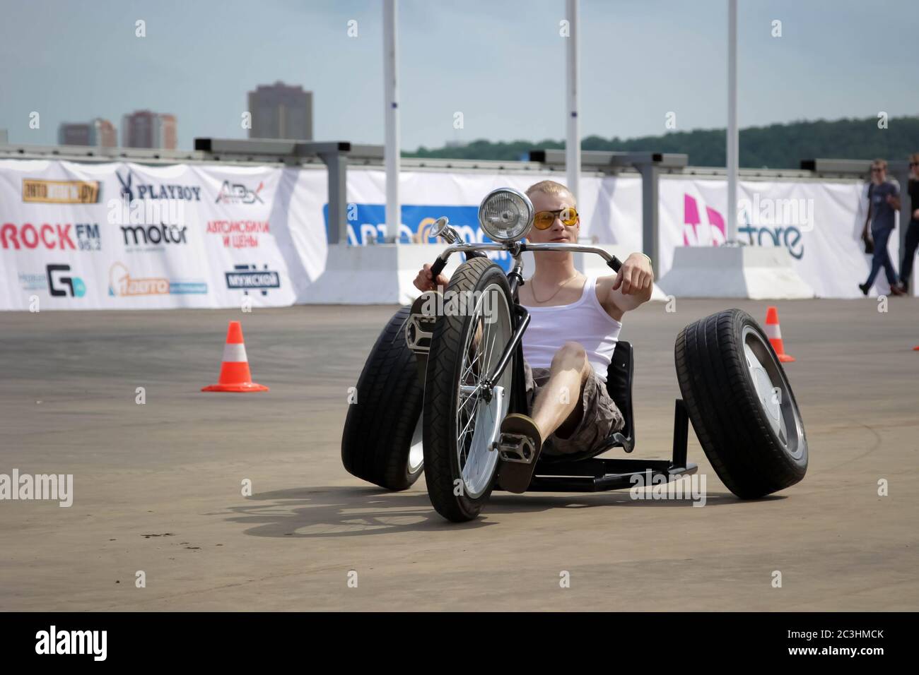Moscow. Russia - May 20, 2019: A man rides at the street on a homemade ...