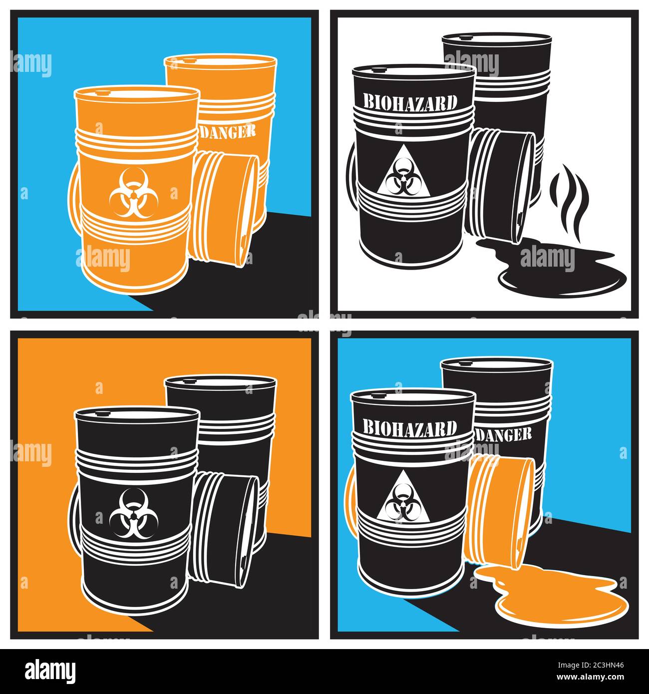 stylized vector illustration of barrels with biohazard signs Stock ...