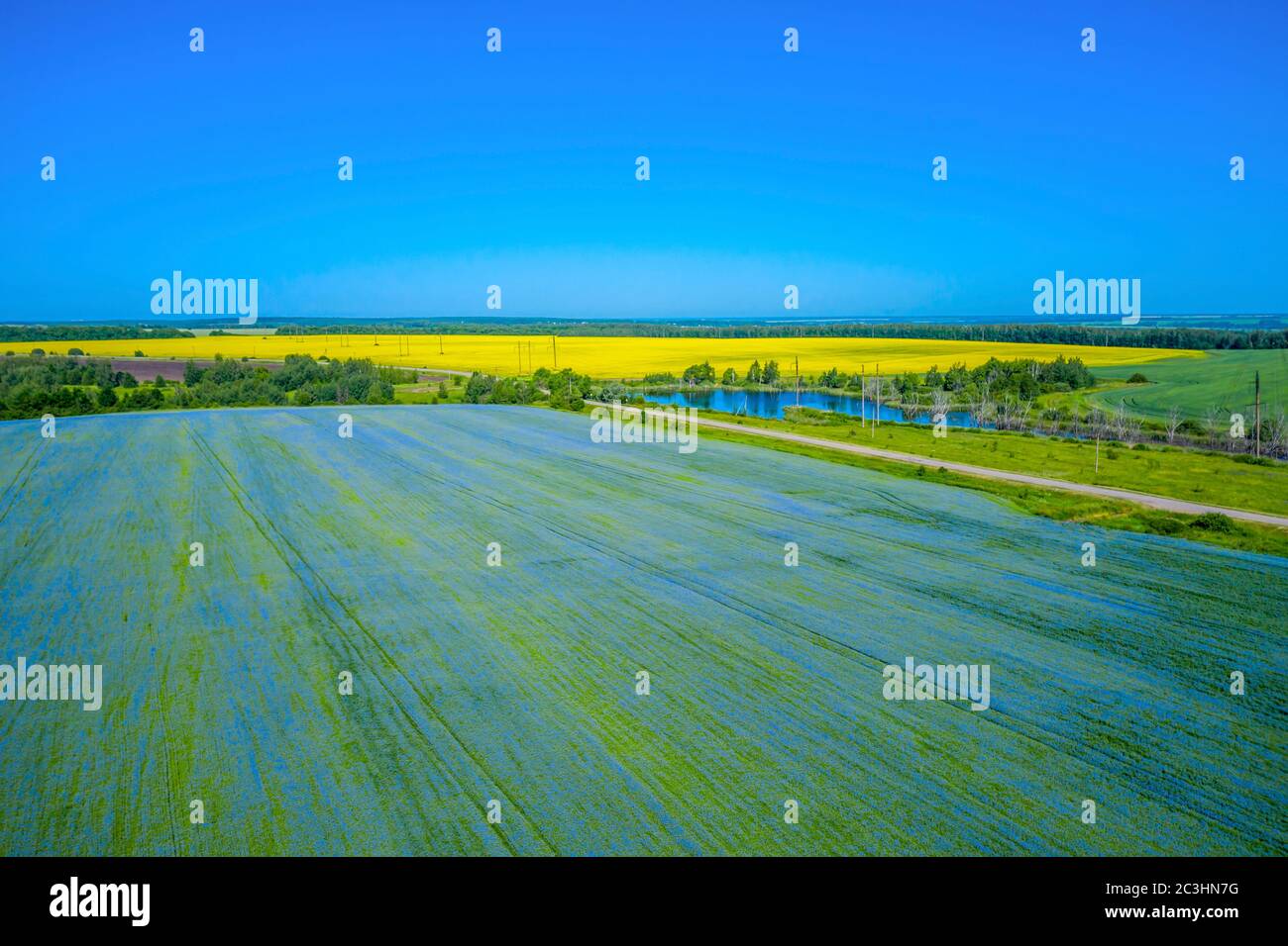 Aerial photo, multi-colored fields of yellow-blooming rapeseed, blue ...