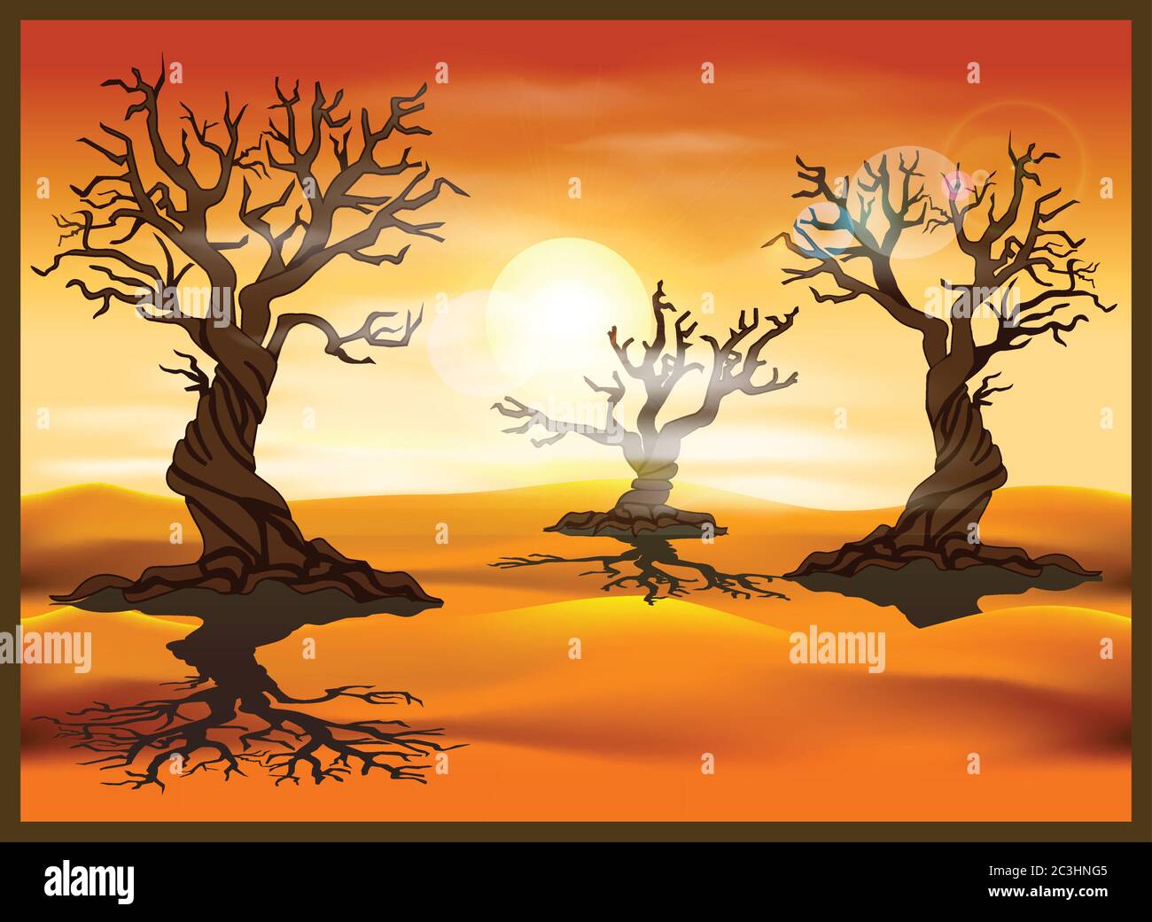 Stylized vector illustration of a desert landscape with dead trees ...