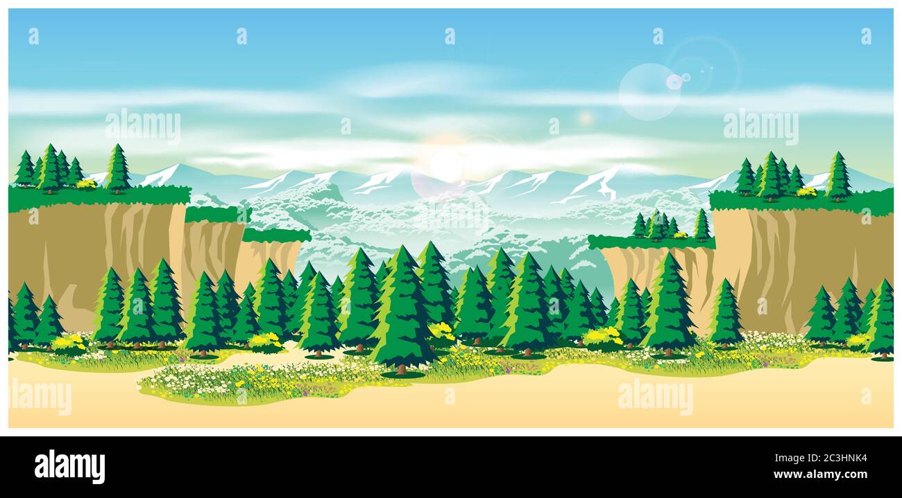 Stylized vector illustration of a beautiful valley.Seamless ...
