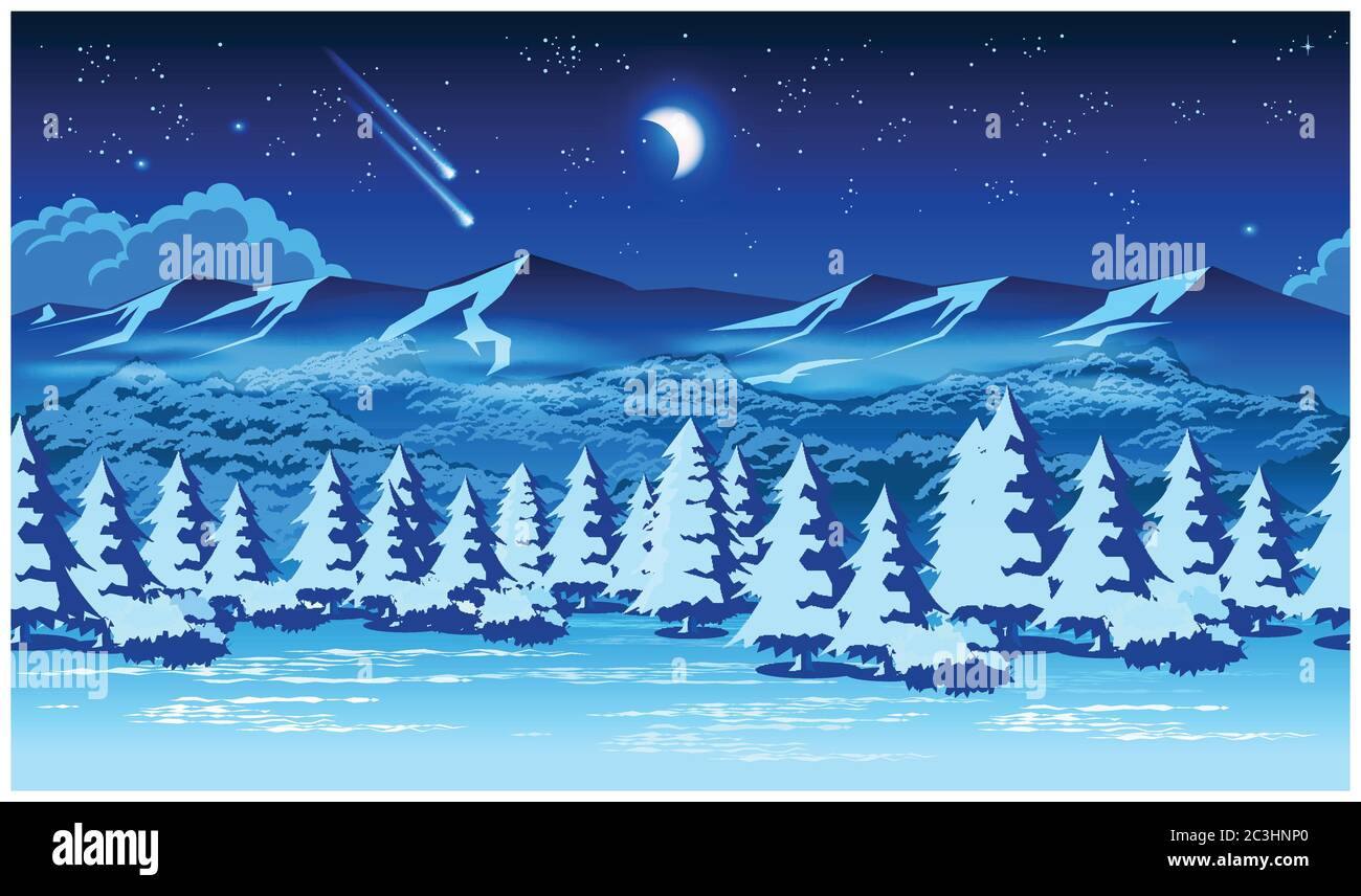 Stylized vector illustration of a winter forest at night. Illustration ...