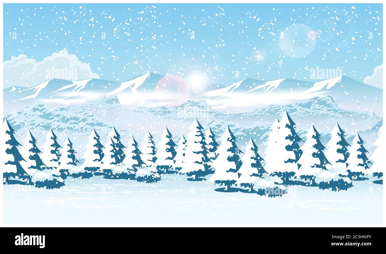Stylized vector illustration of a winter forest during a snowfall ...