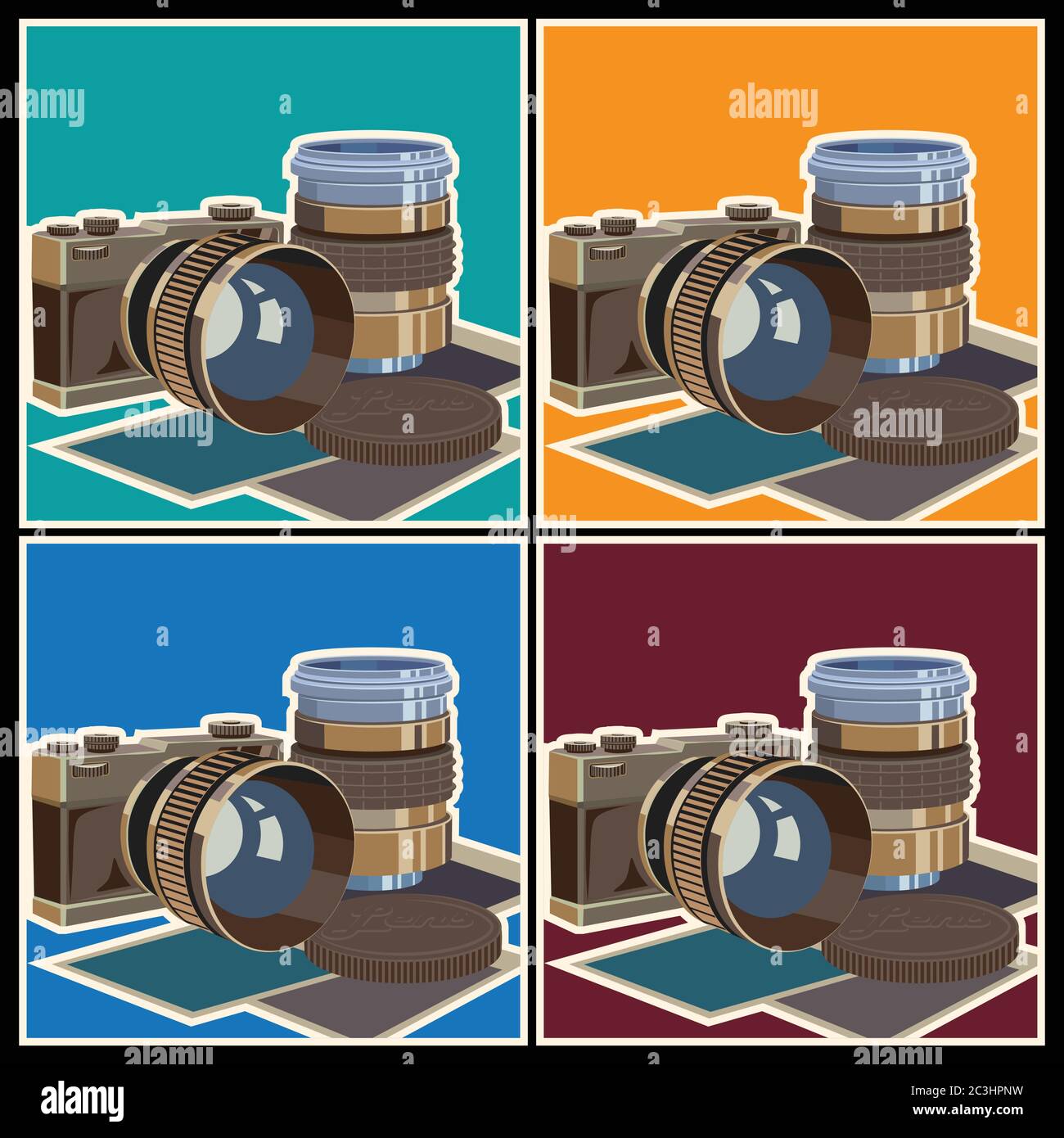 Stylized vector illustration on the theme of photography and photographic equipment. The camera ...