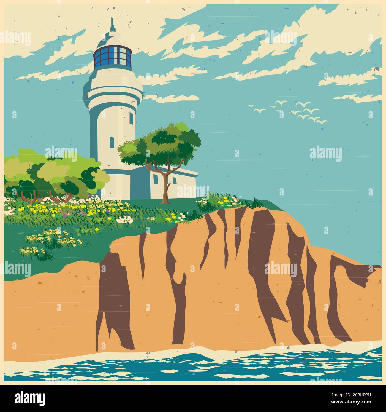 Stylized vector illustration of a lighthouse on a cliff Stock Vector ...