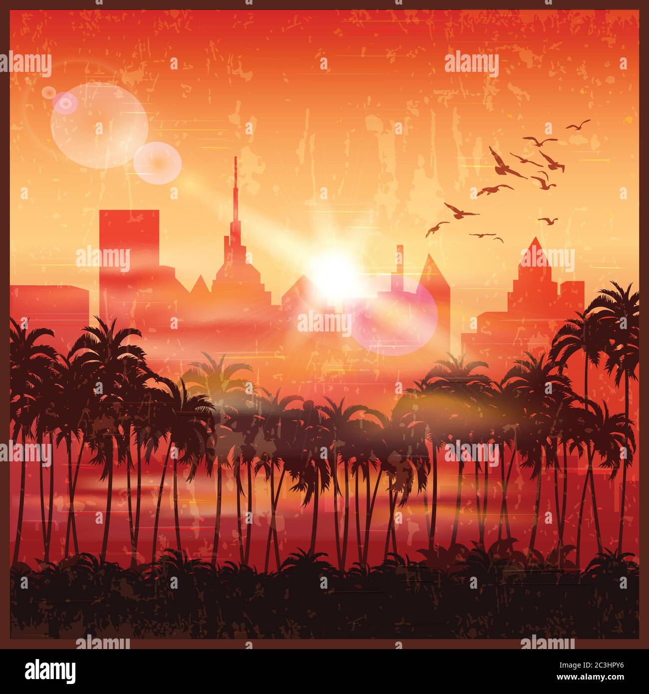 Stylized vector illustration of a city at sunset Stock Vector Image ...