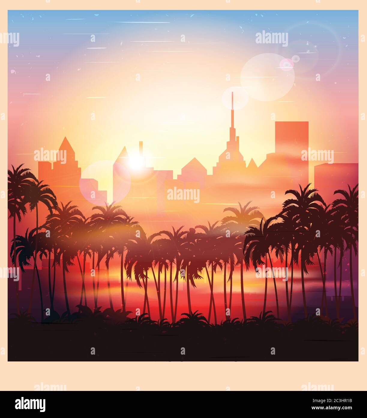 Stylized vector illustration of a city at sunrise Stock Vector Image ...