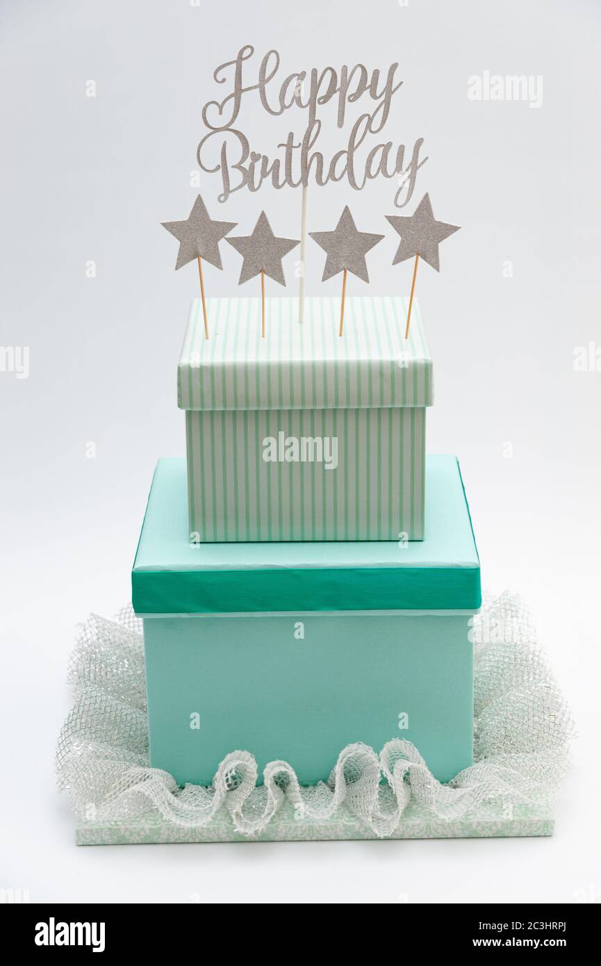 Fake cake - DIY Gift Box Cake. Birthday cake made with boxes. Decorated ...