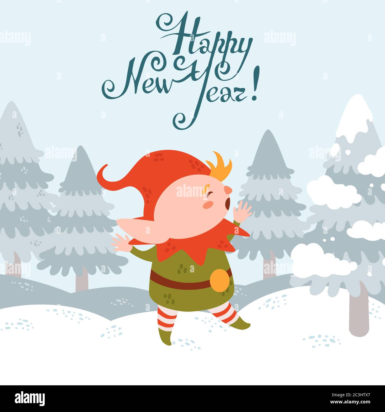 Flat cartoon cute vector Christmas elf singing. winter landscape Stock ...