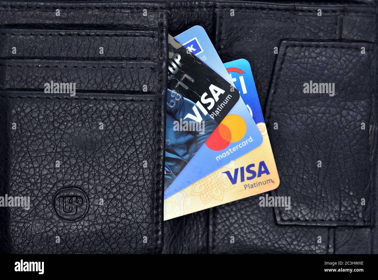 Debit and Credit cards in black color wallet. Top view Stock Photo - Alamy