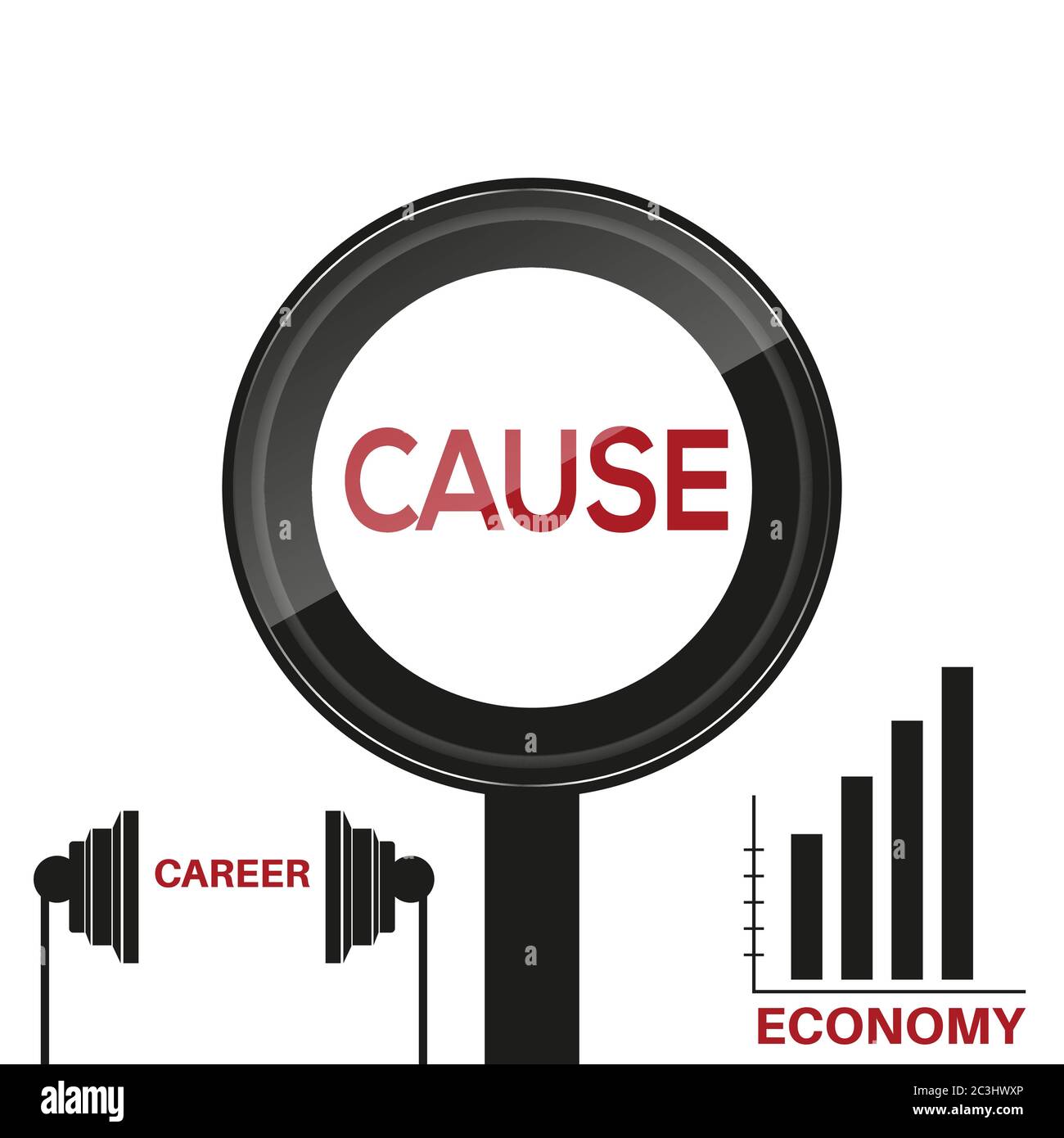 Cause post in magnifying glass on white background. Career and economy ...
