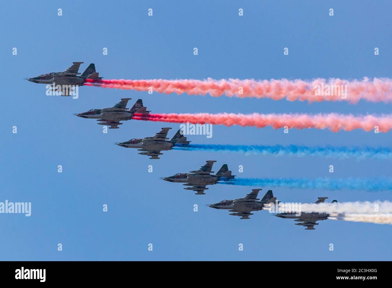 Moscow. 20th June, 2020. Su-25 jets leave a trail of the Russian ...