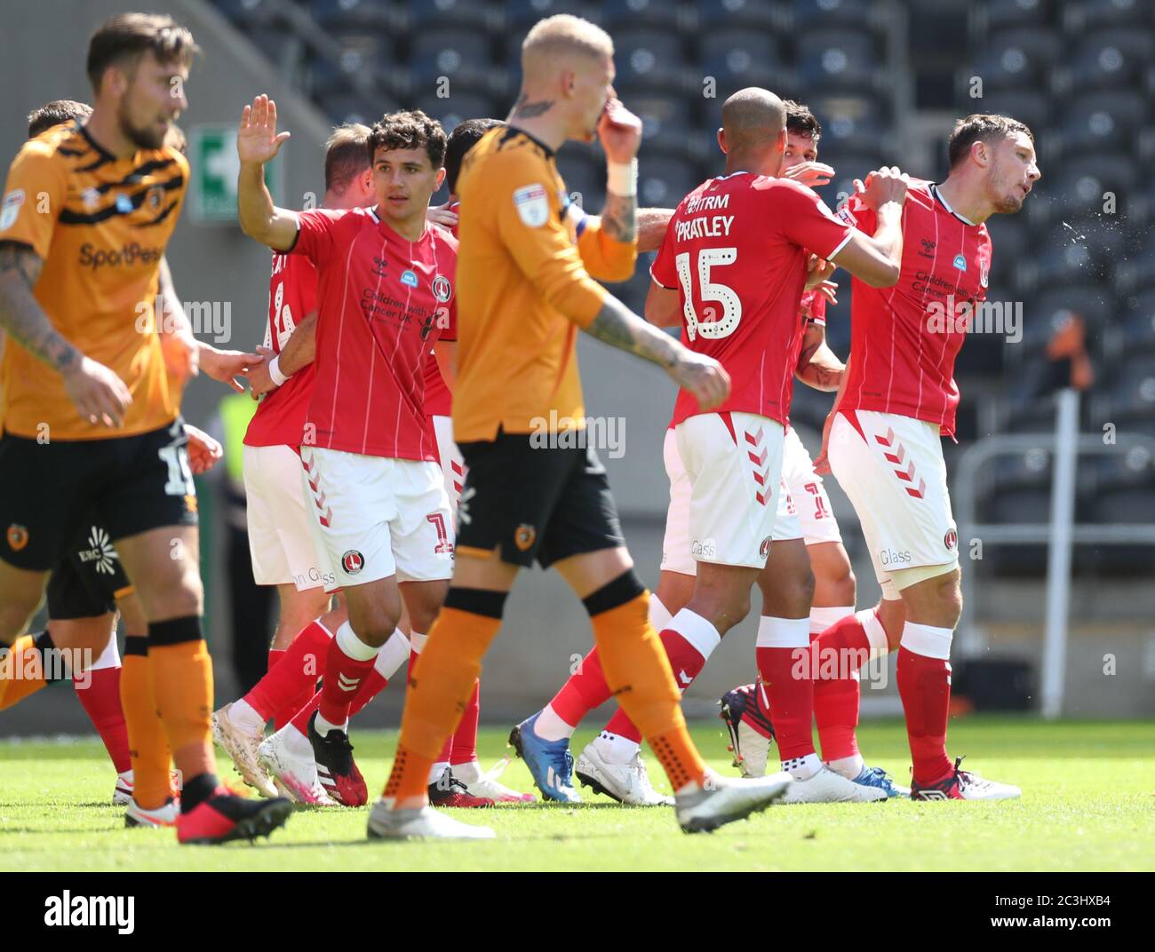 Charlton Athletic's Jason Pearce (right) with team-mates after scoring ...