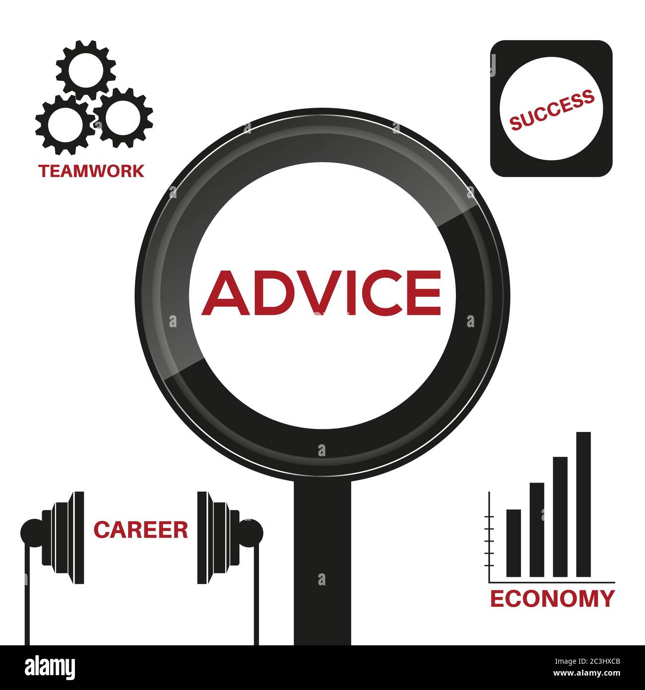 Vectorial illustration of advice in black magnifier on white background ...