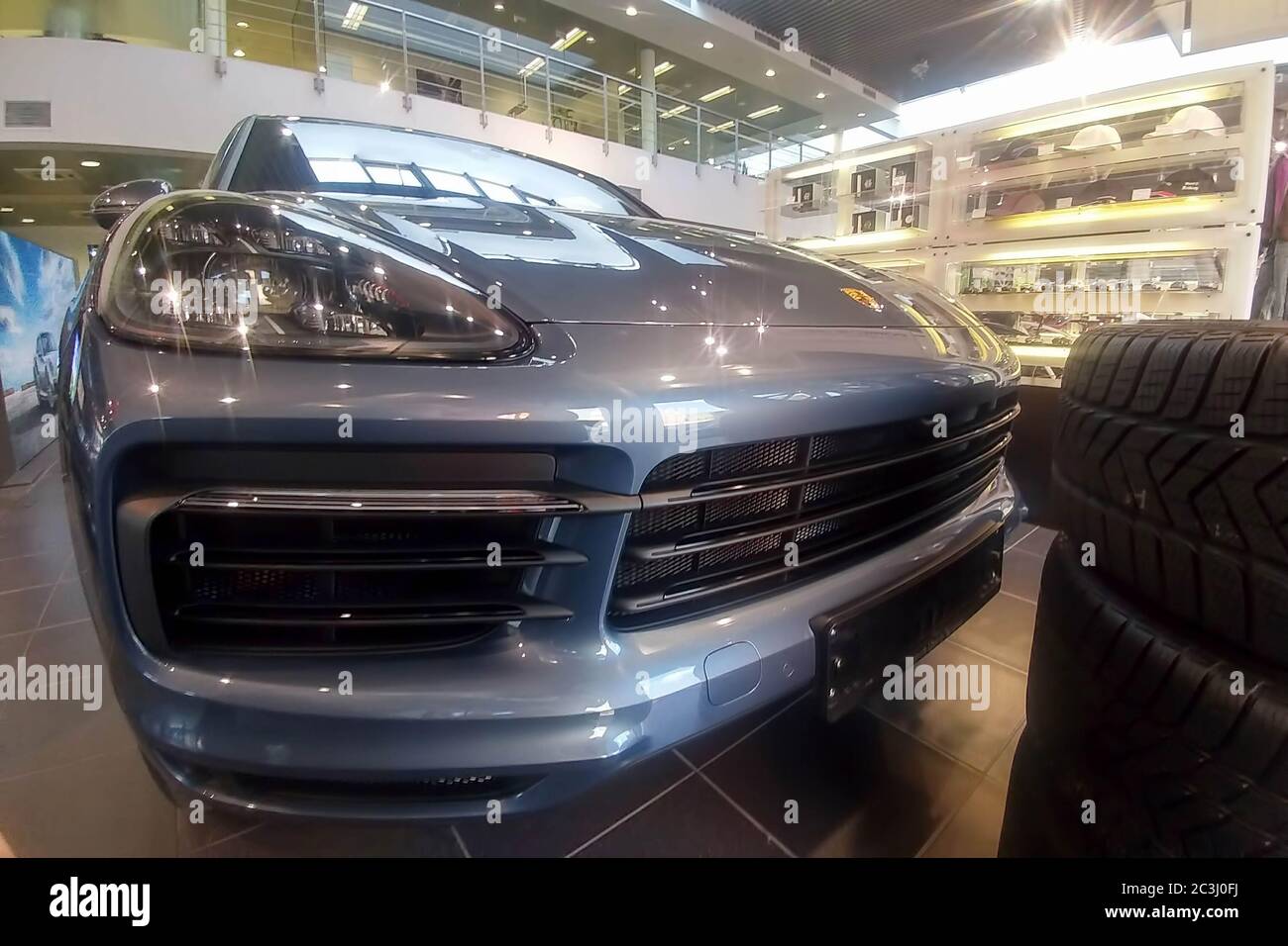 Moscow, Russia - June 01, 2019: Front grille, hood and headlights of a ...