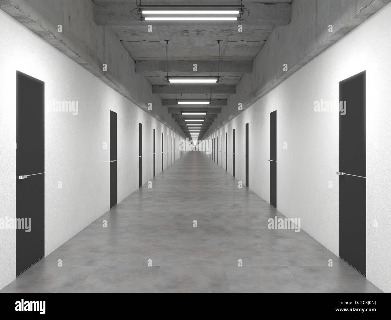 An endlessly long corridor with many closed identical doors in a row ...