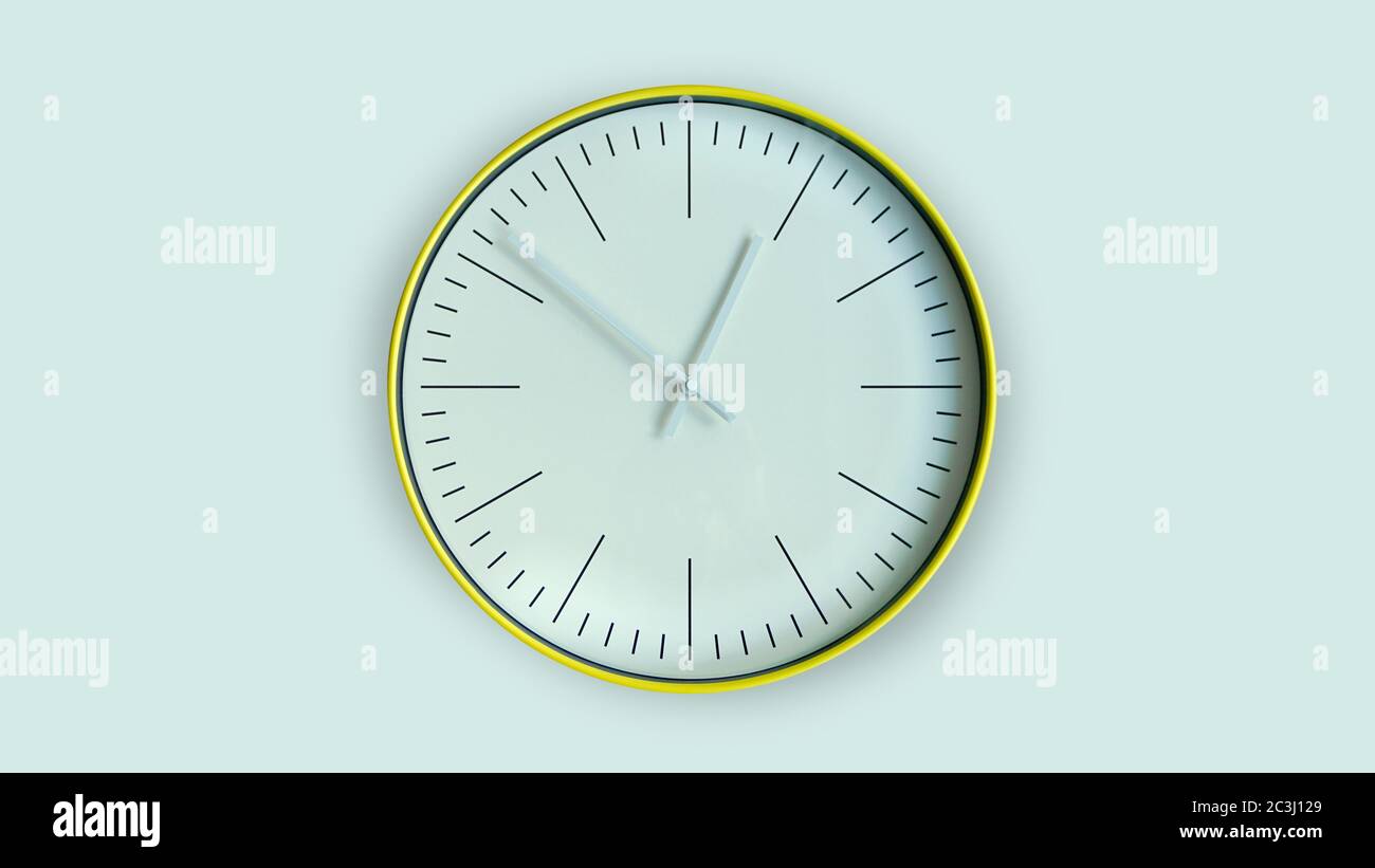 Yellow-colored wall clock on a light blue background. Time concept ...