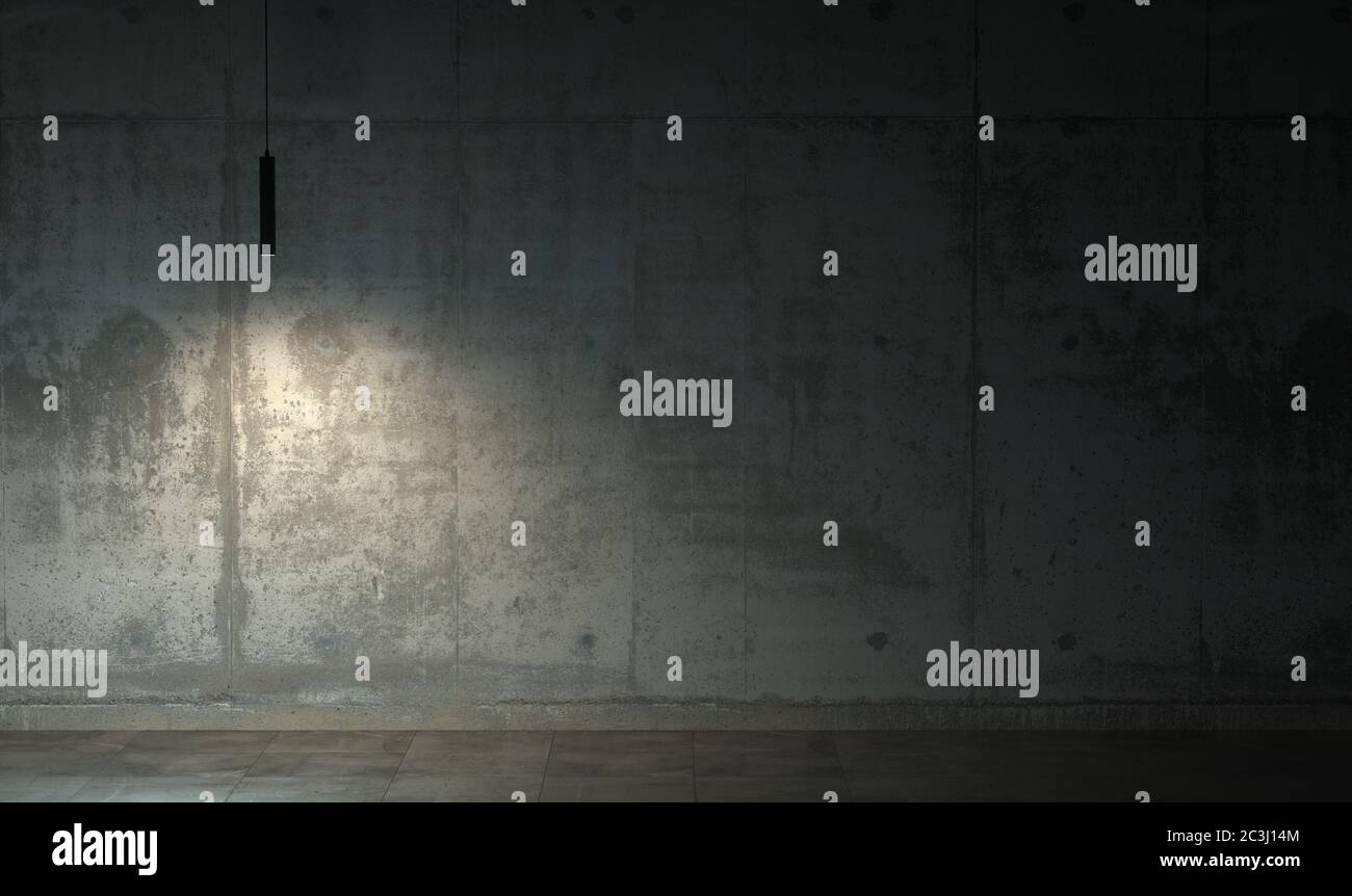 Dark room in the twilight with one spotlight in front of the concrete ...