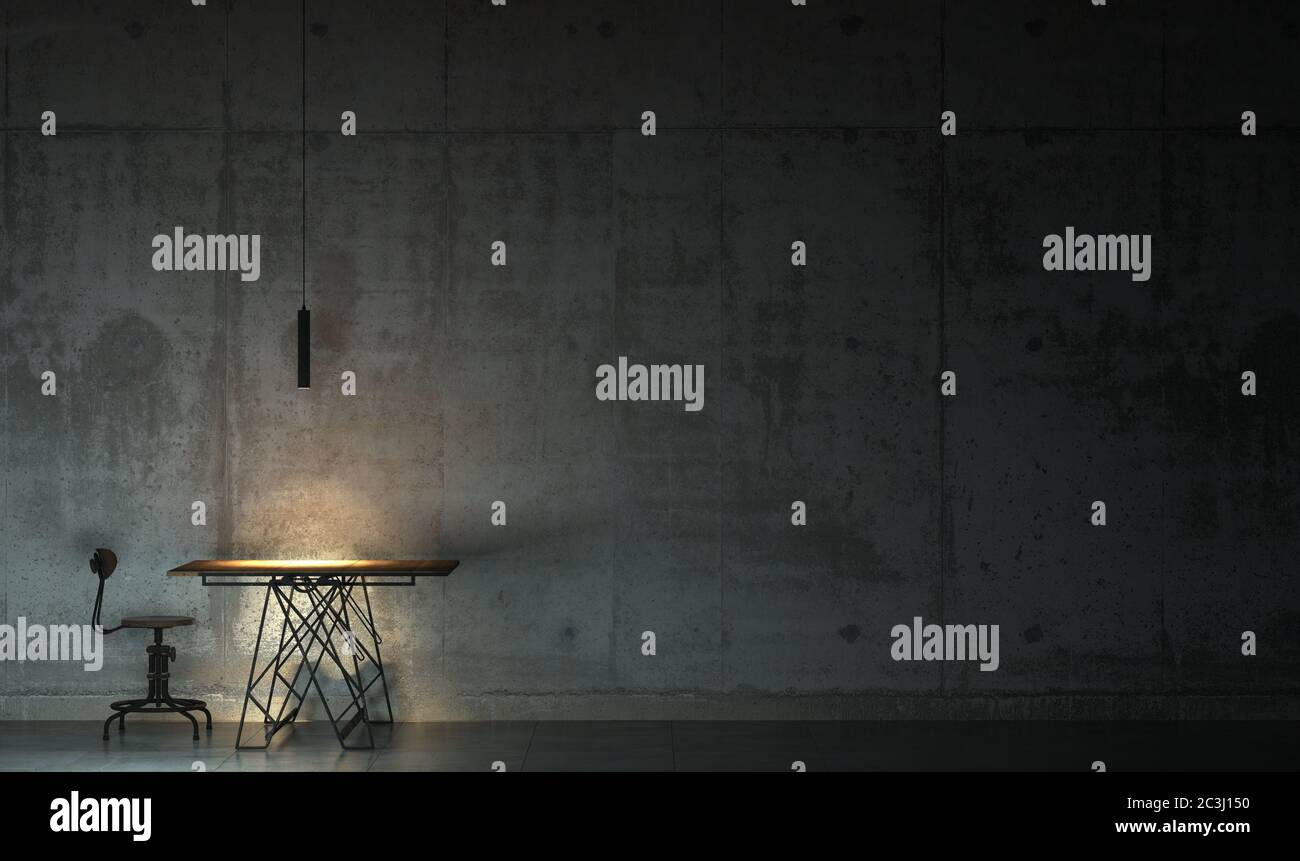 Dark room in the twilight with one table and one chair. Gloomy interior ...