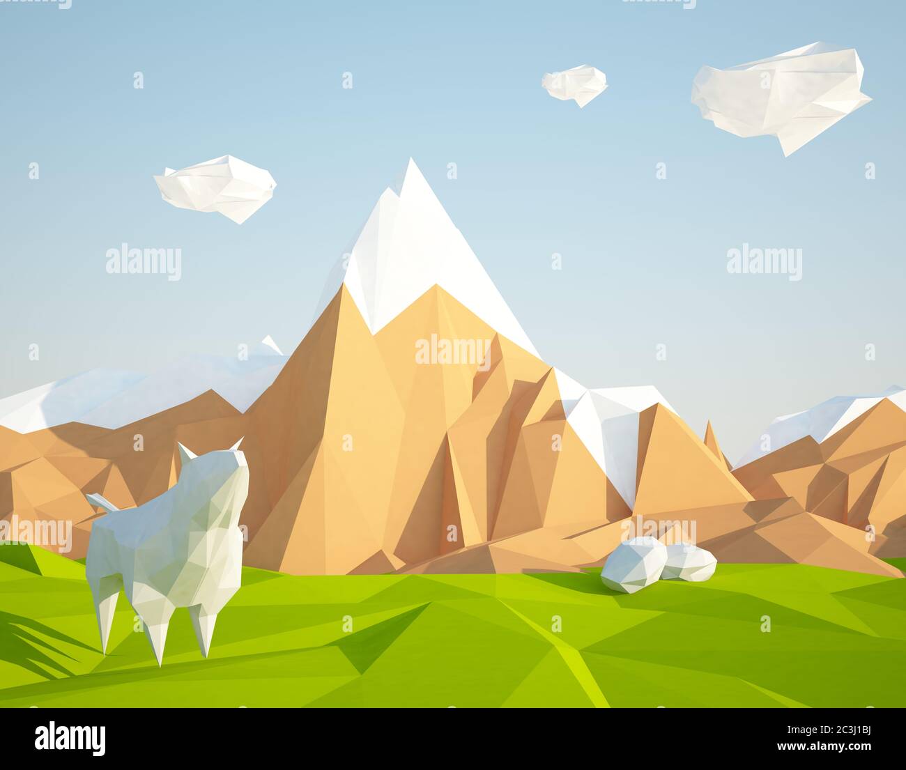 Abstract low poly background with green grass and white clouds flying ...