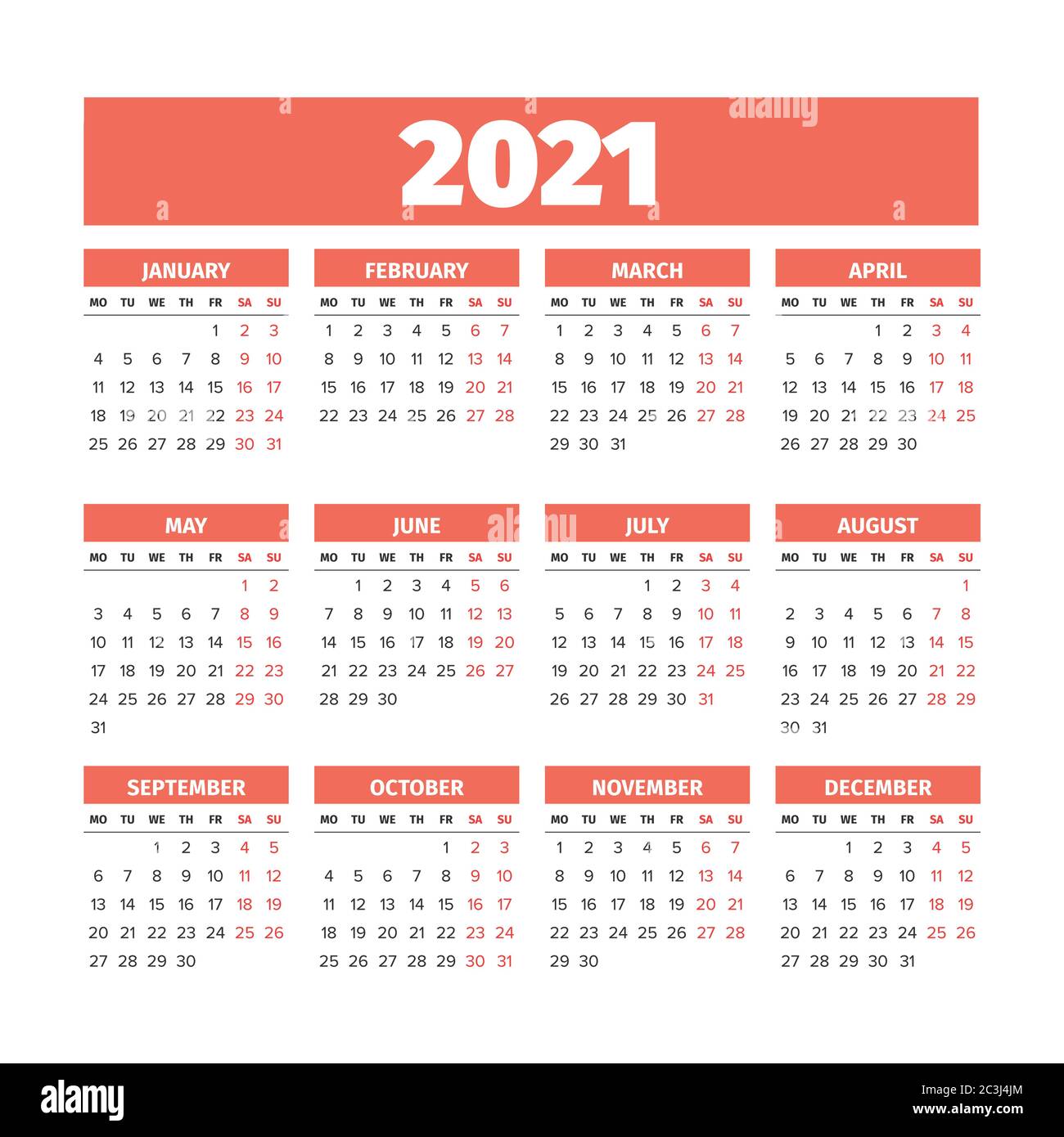 2021 Calendar with the weeks start on Monday Stock Vector Image & Art ...