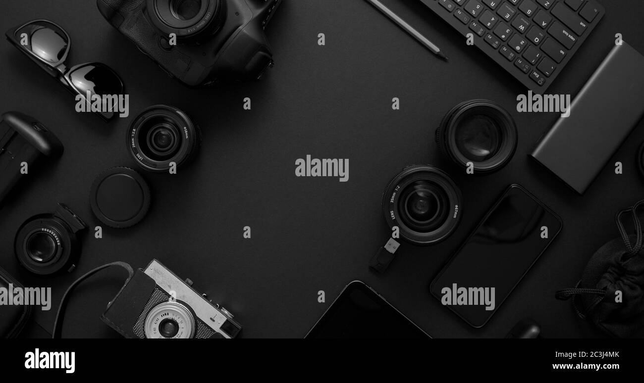 Photographer workspace concept. Various digital and analog gadgets ...