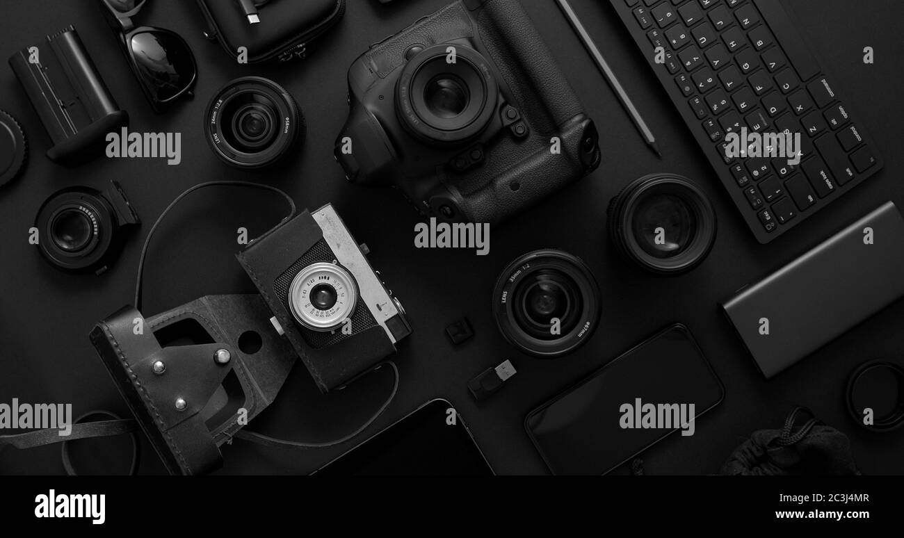 Photographer workspace concept. Various digital and analog gadgets ...