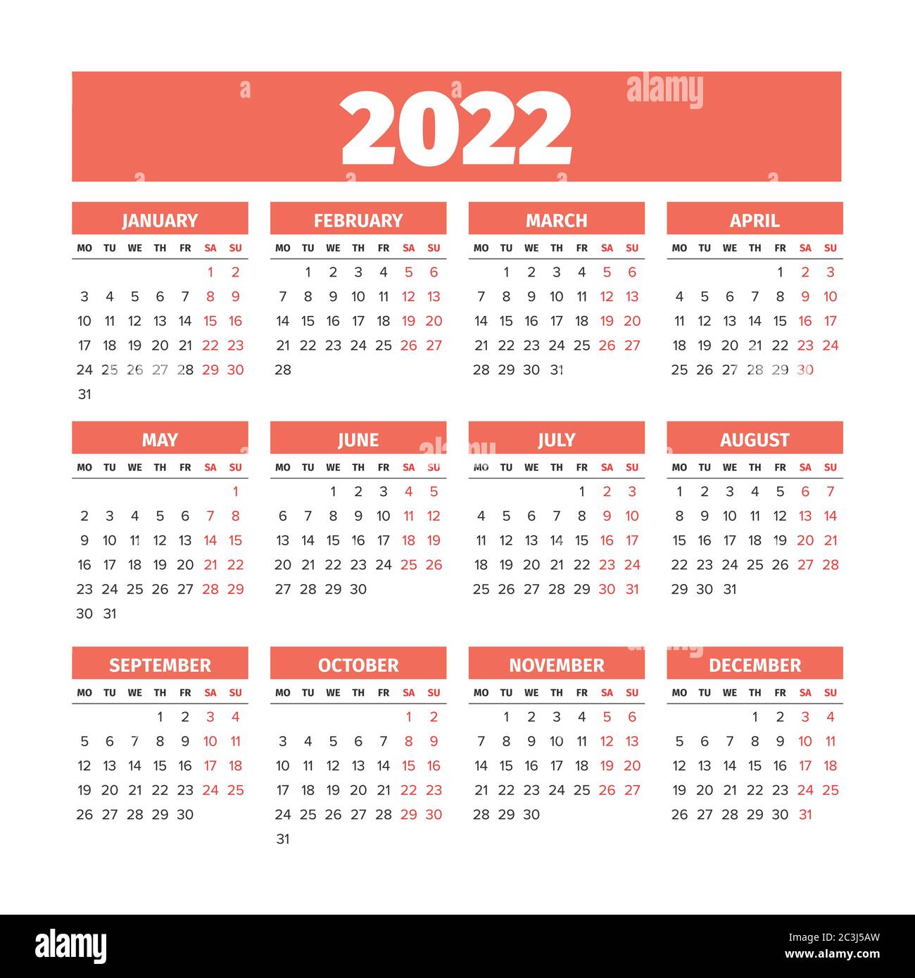 2022 Calendar with the weeks start on Monday Stock Vector Image & Art ...